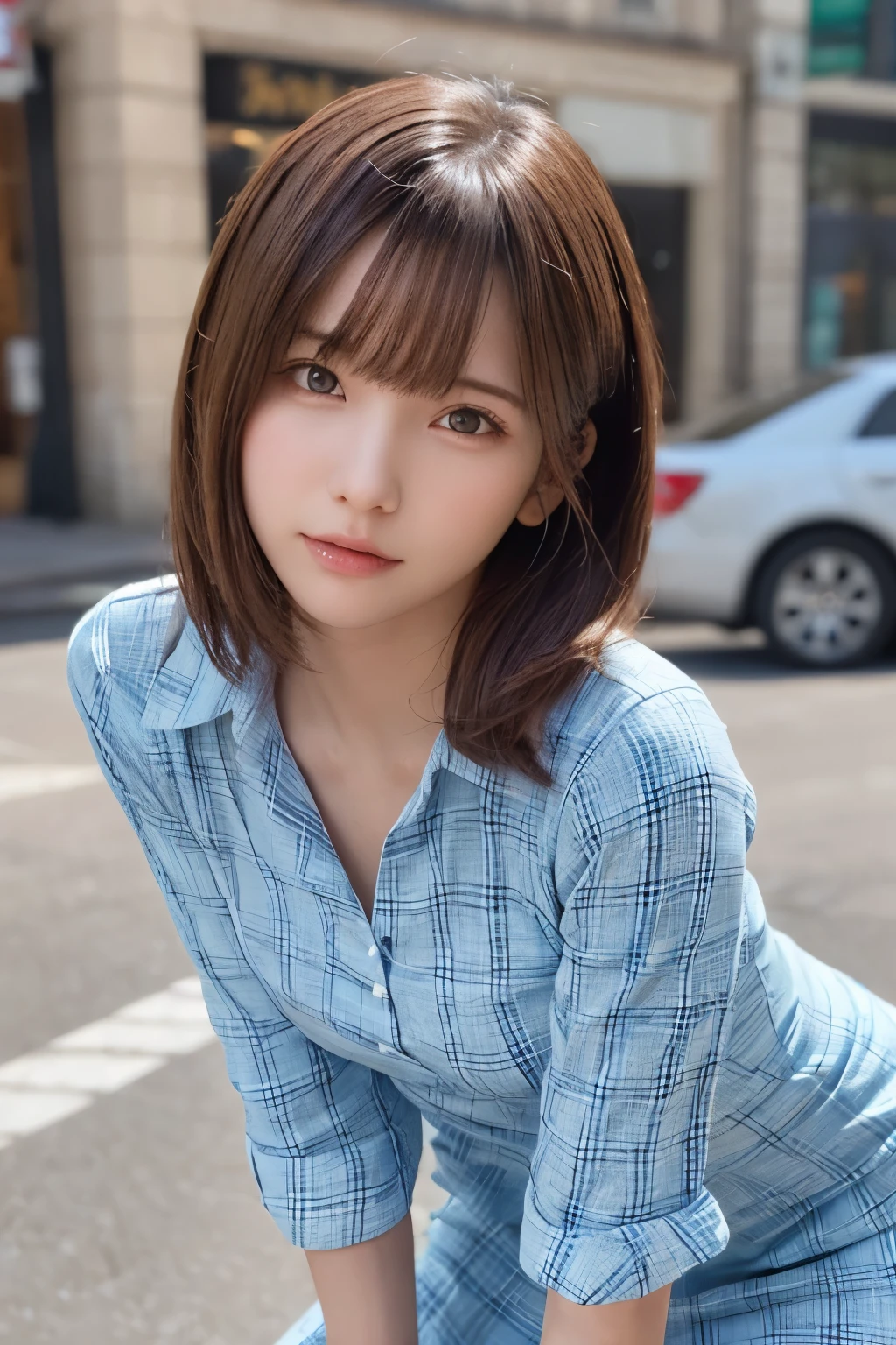 A Close Up Of A Woman In A Blue Shirt And Jeans Posing On A Street