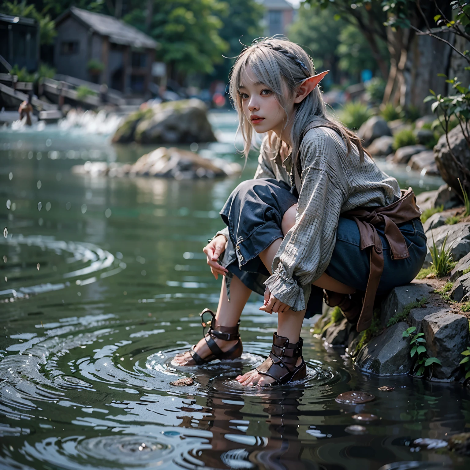 There is a woman sitting on a rock in the water - SeaArt AI