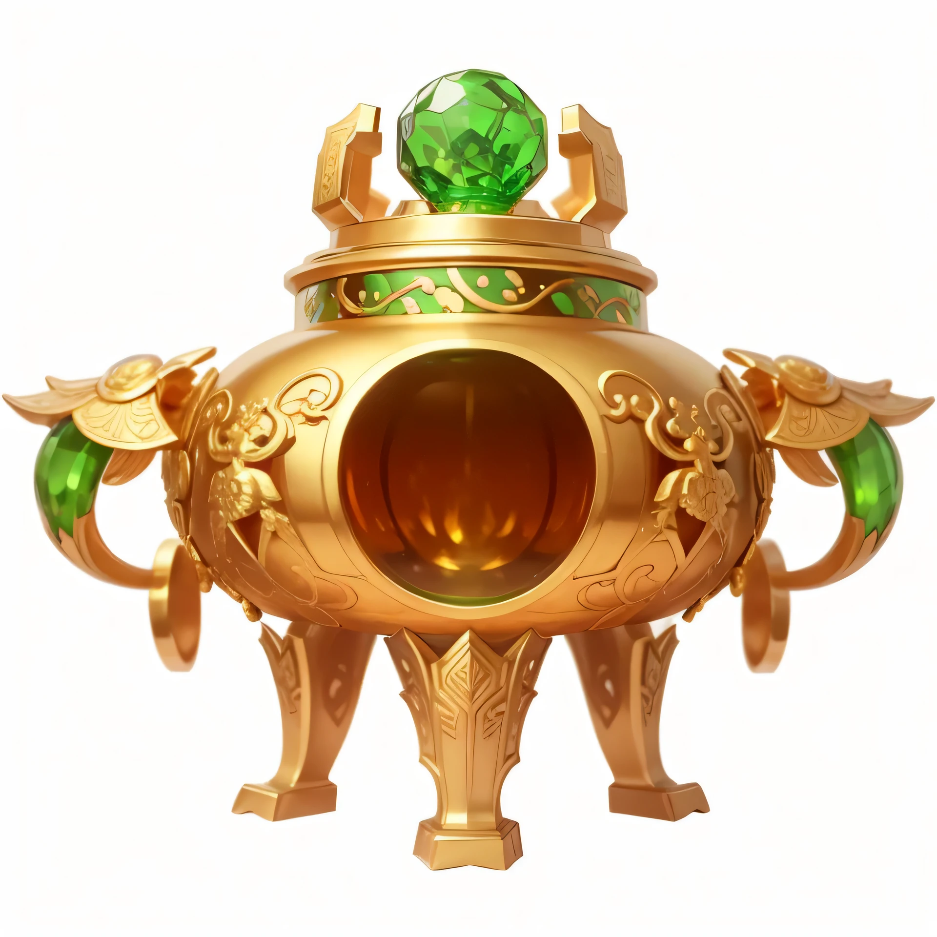 There is a gold vase with a green crystal in it - SeaArt AI