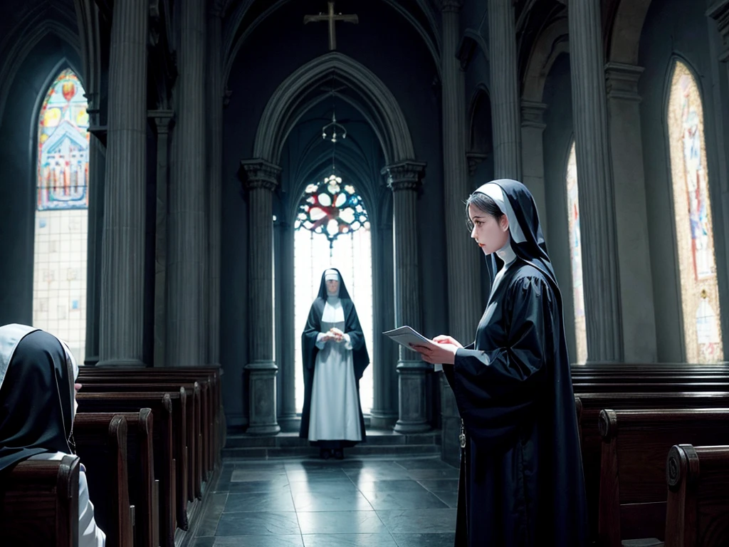 In a dimly lit church, a nun and a priest perform an intense exorcism ...