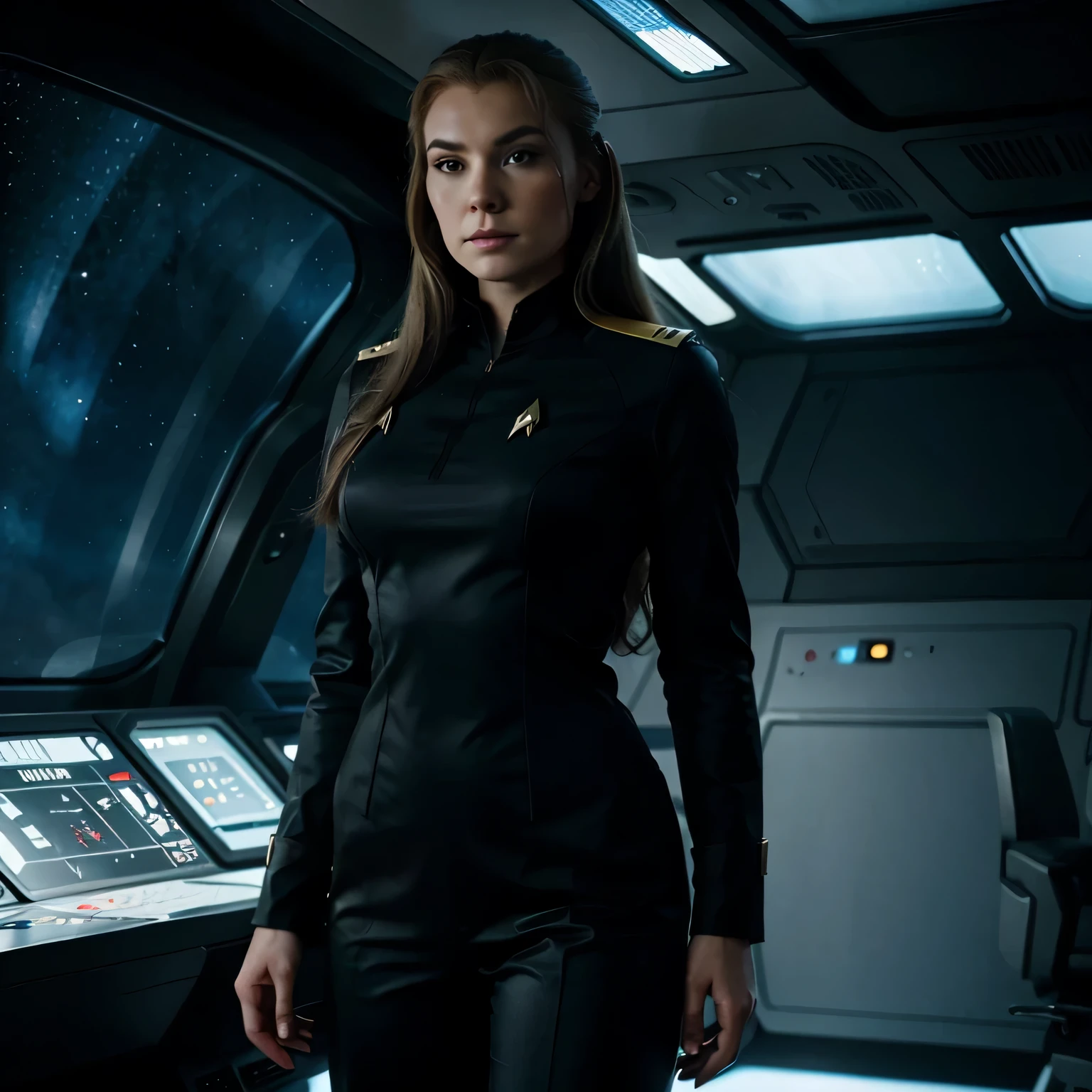 A woman in a black uniform standing in a spaceship room - SeaArt AI