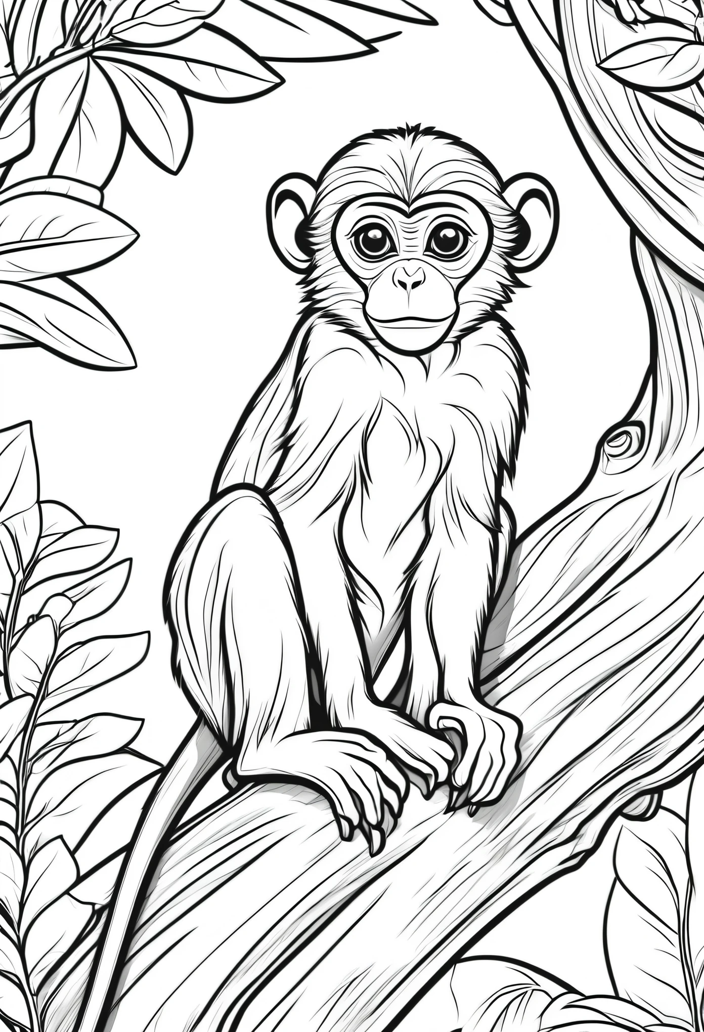 A monkey sitting on a branch in a jungle coloring page - SeaArt AI