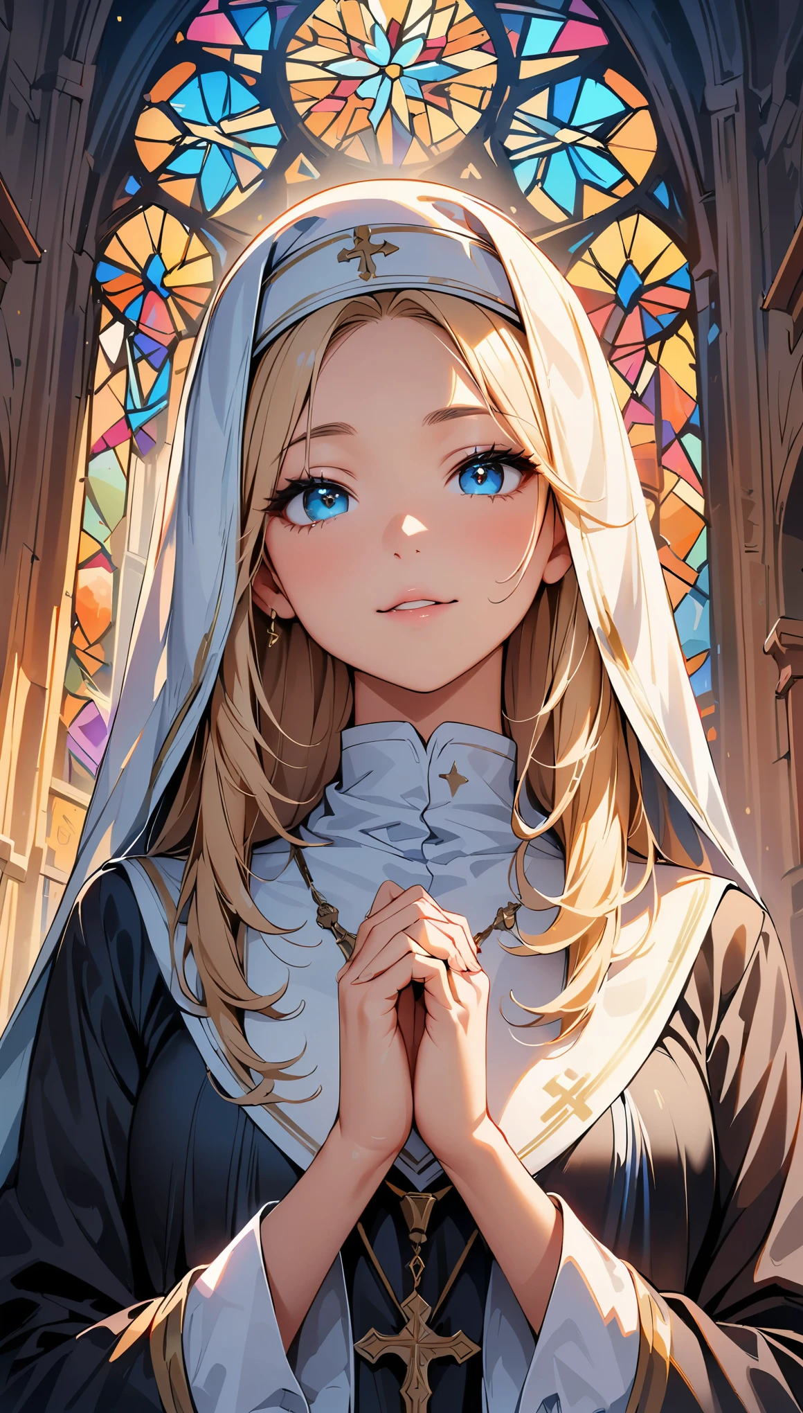 A woman in a nun outfit is praying in front of a stained window - SeaArt AI