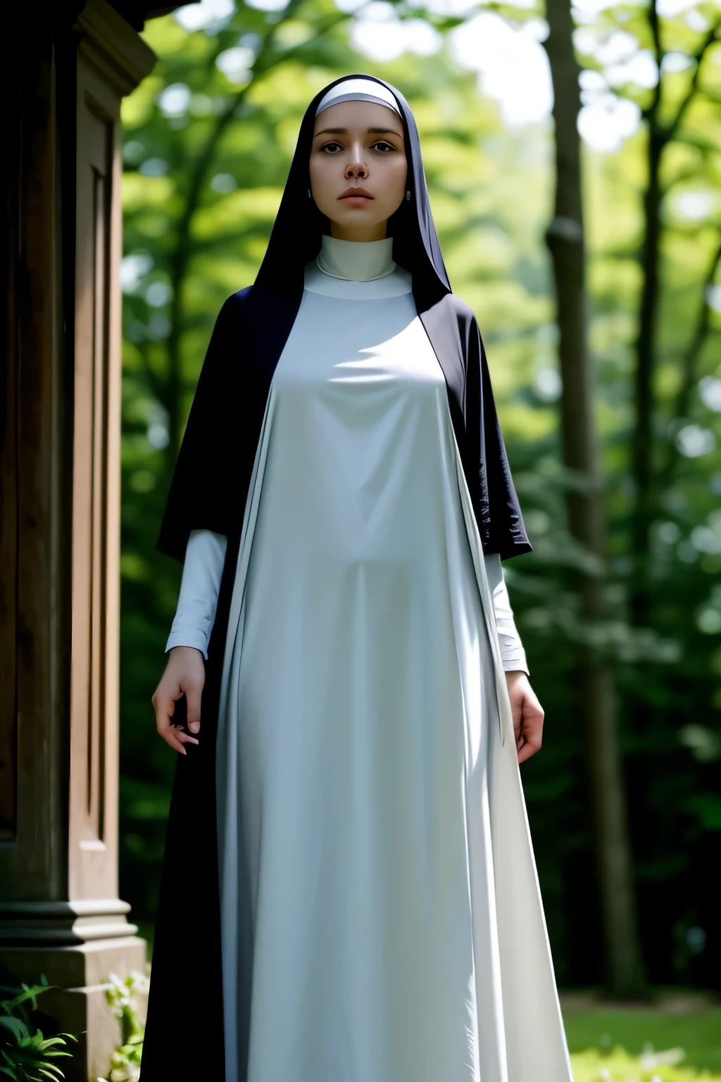 A woman in a nun costume standing in a garden - SeaArt AI