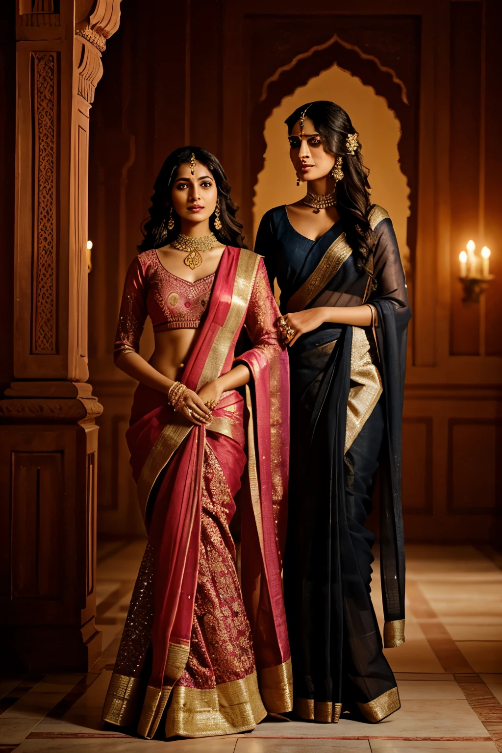 Two women in traditional indian saris standing in a hall - SeaArt AI