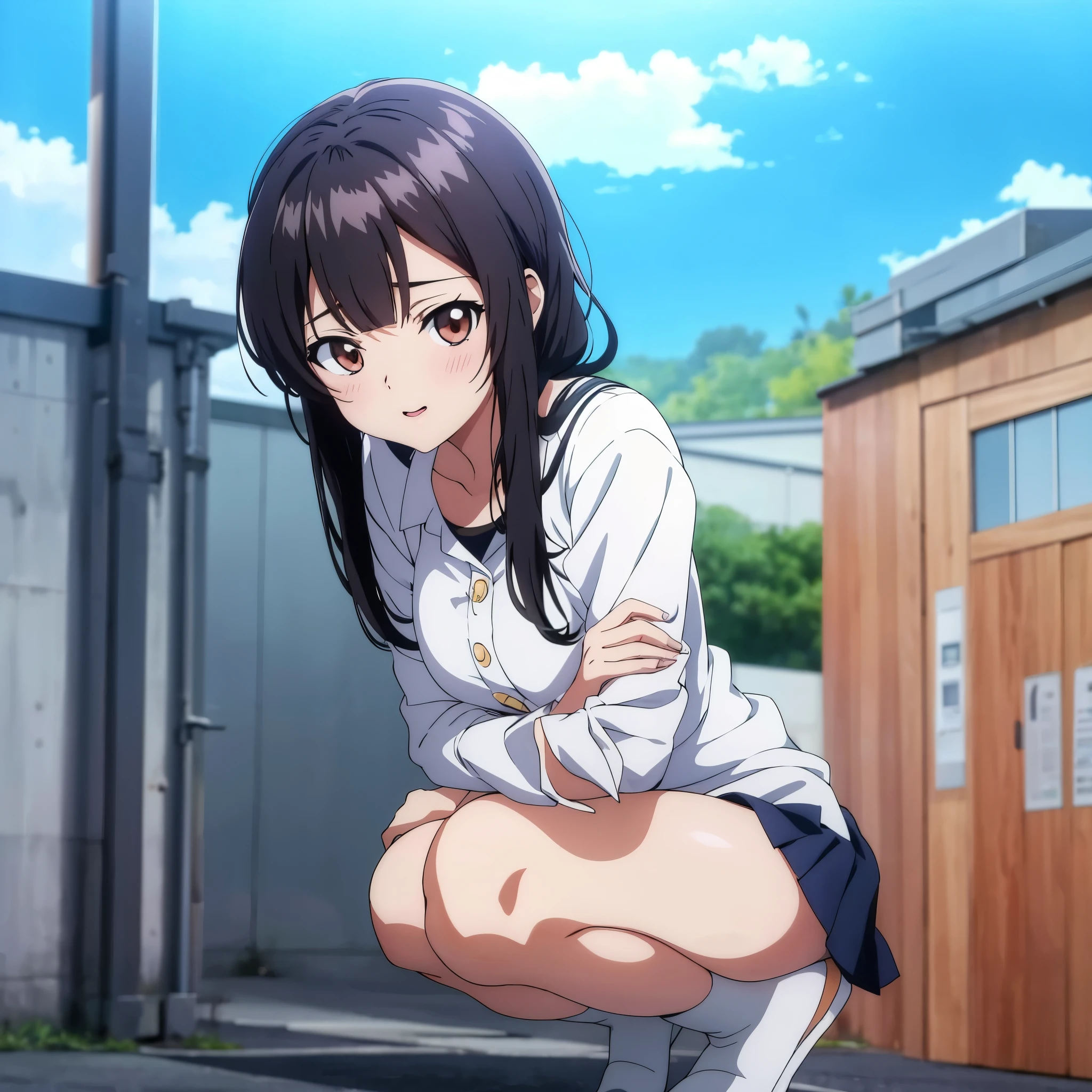 A woman sitting on the ground in a short skirt and a shirt（oumae kumiko) - SeaArt AI