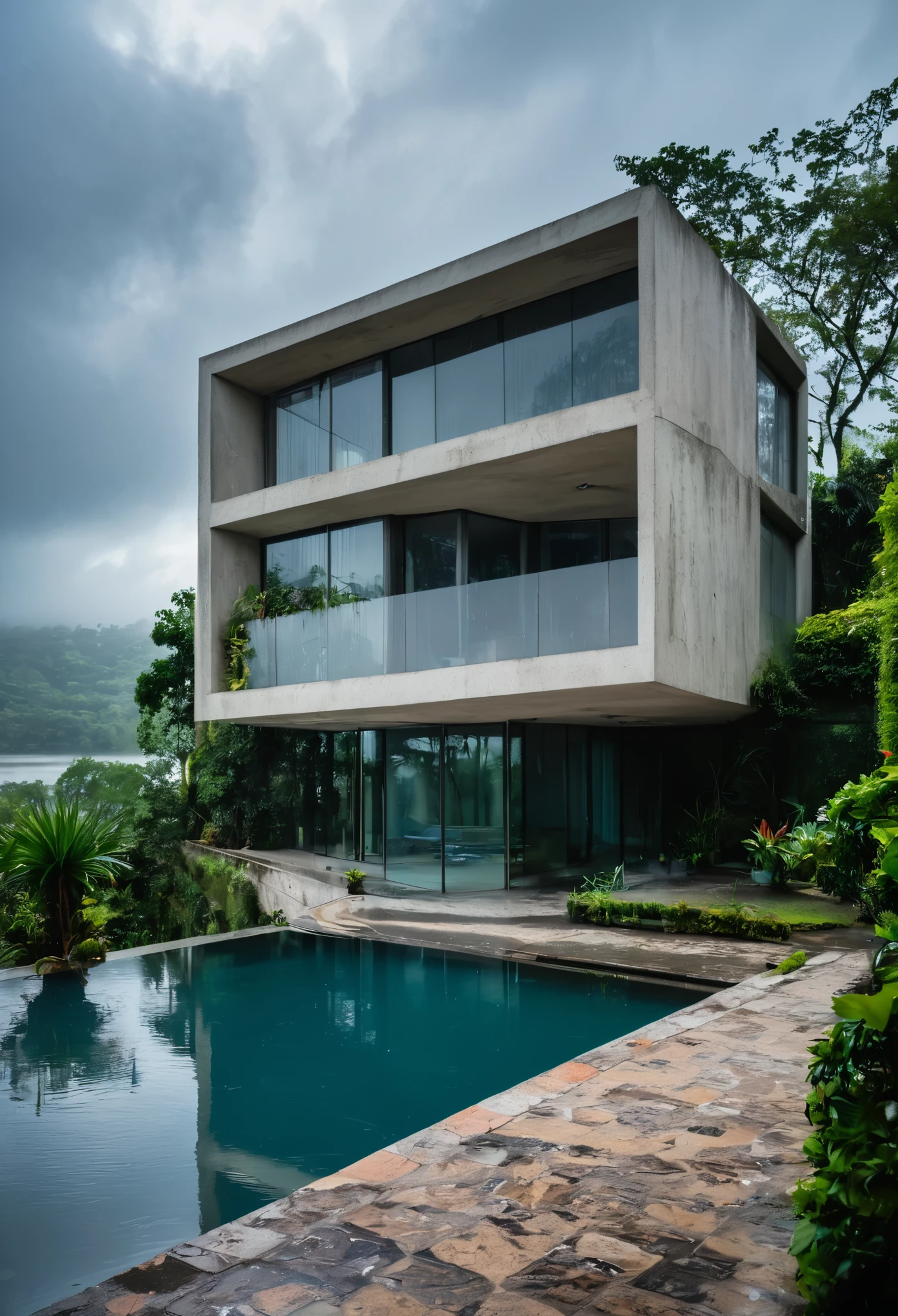 A large pool in front of a modern house with a large glass wall - SeaArt AI