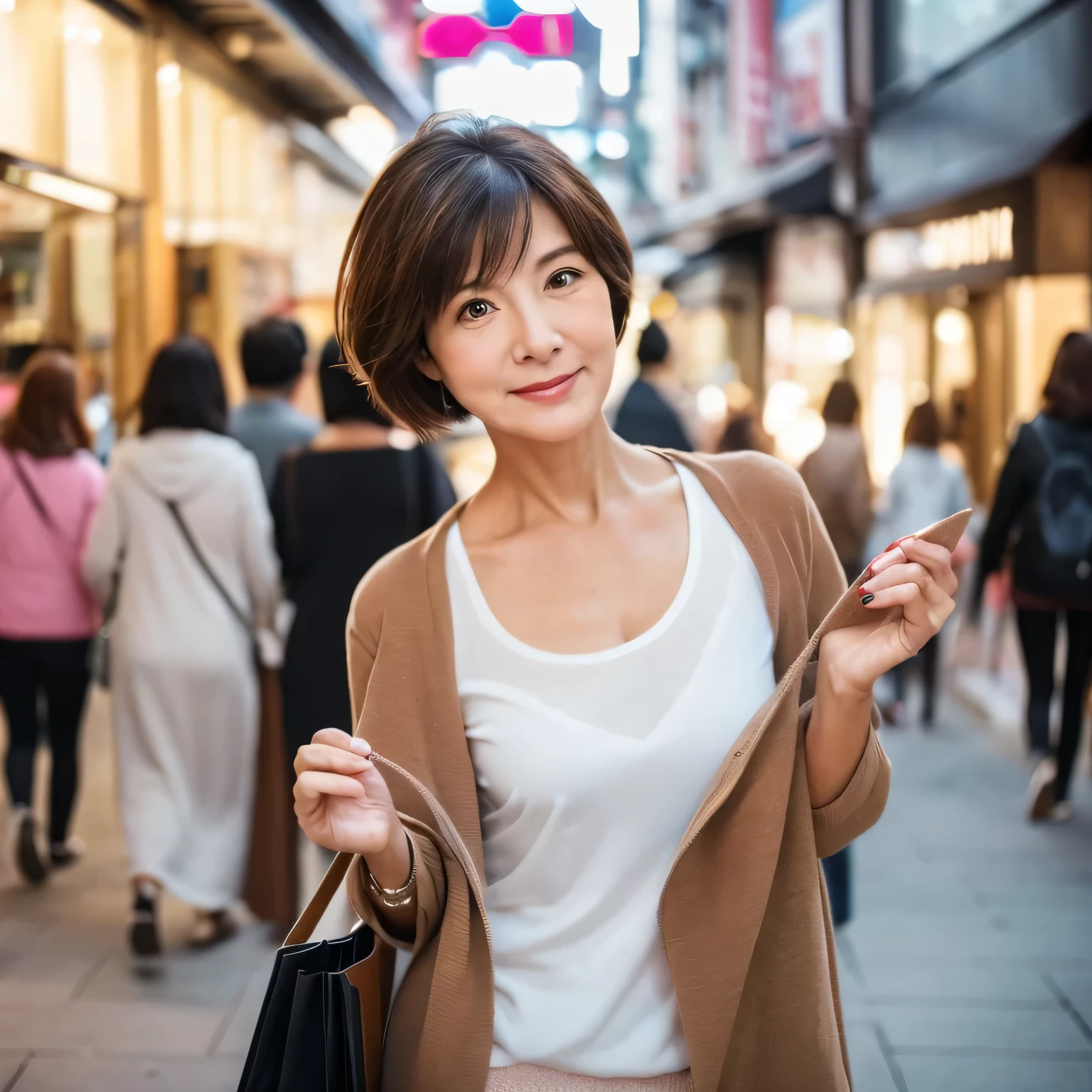 Woman in a white shirt and tan jacket holding a cell phone - SeaArt AI