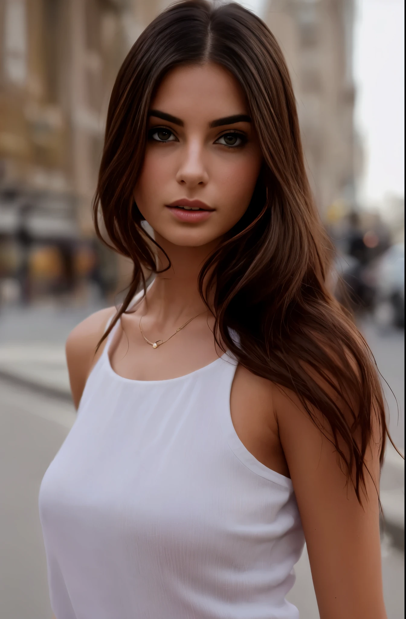 A close up of a woman with long hair wearing a white top - SeaArt AI