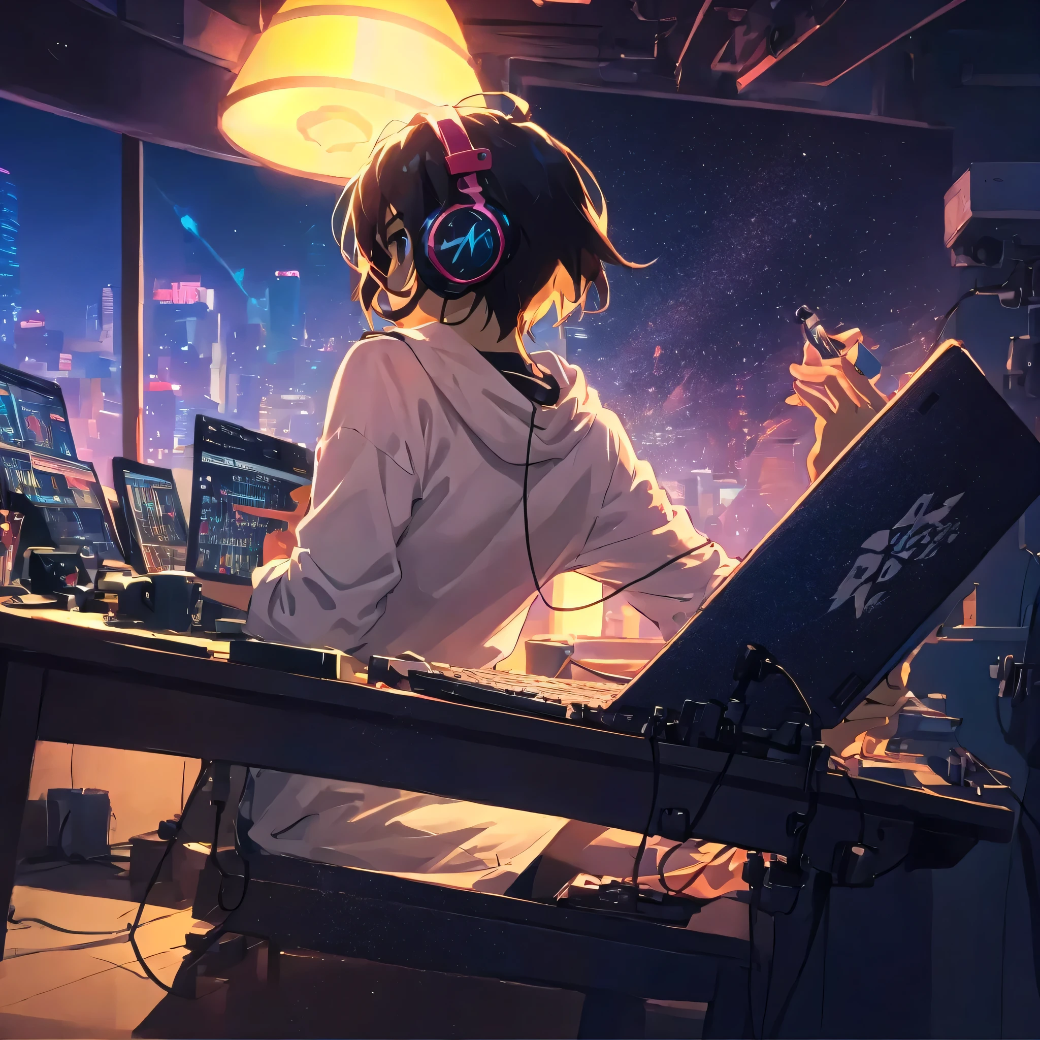 Anime girl with headphones playing music on a laptop - SeaArt AI