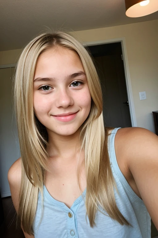A 13 year old girl with straight blonde hair taking a selfie - SeaArt AI