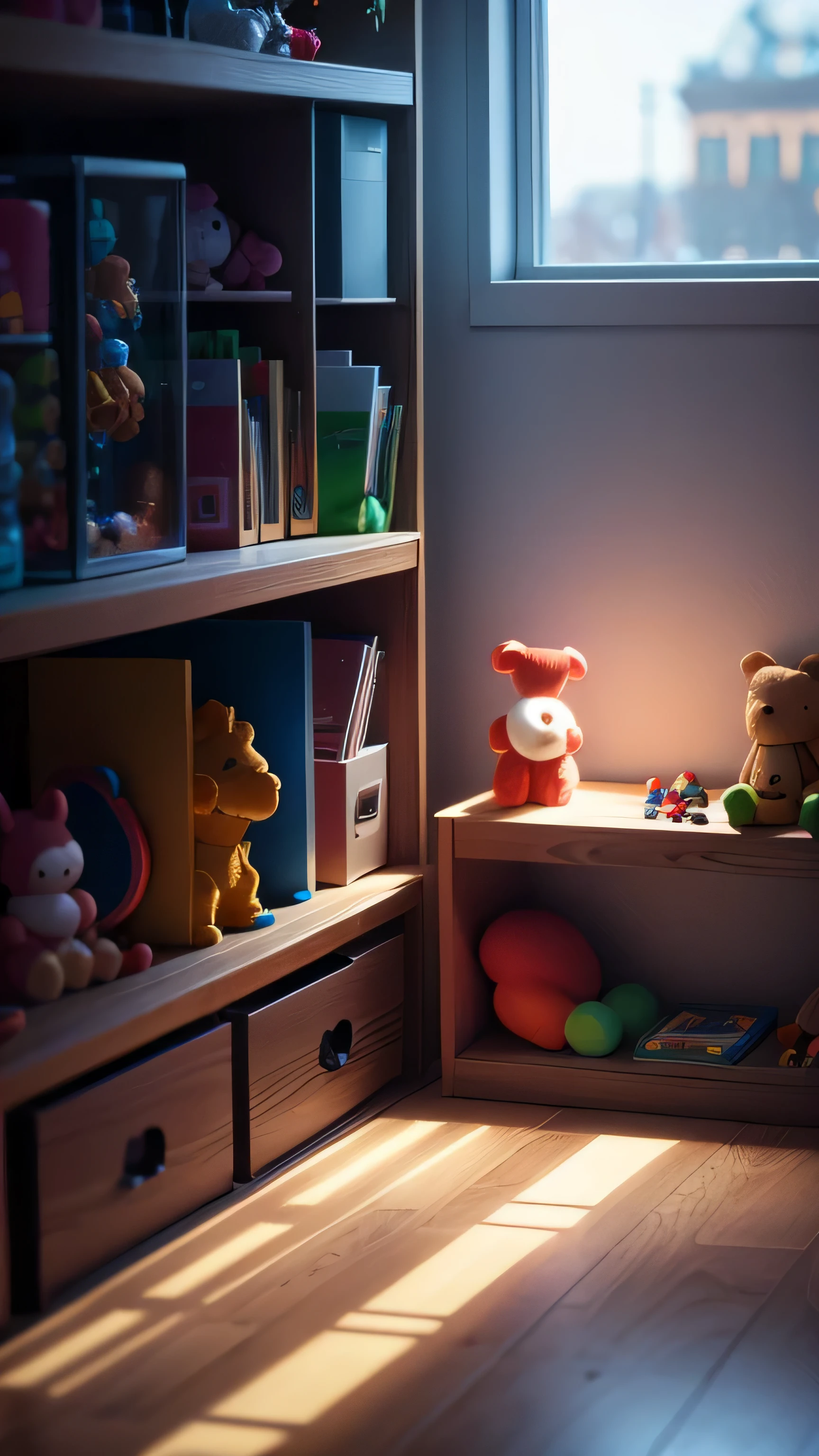 There is a small shelf with toys on it in a room - SeaArt AI