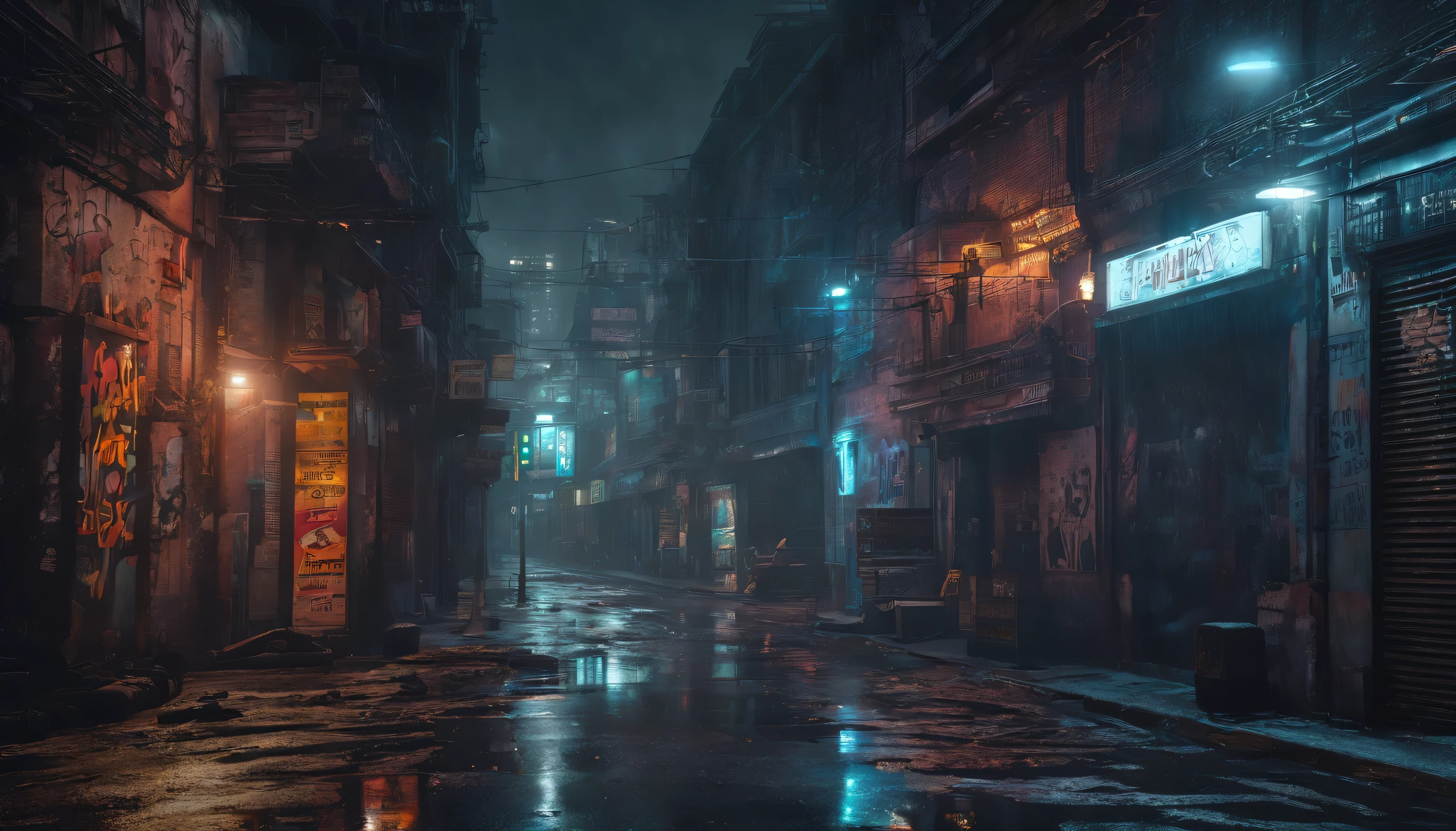 A dark alley with a wet street and neon signs - SeaArt AI