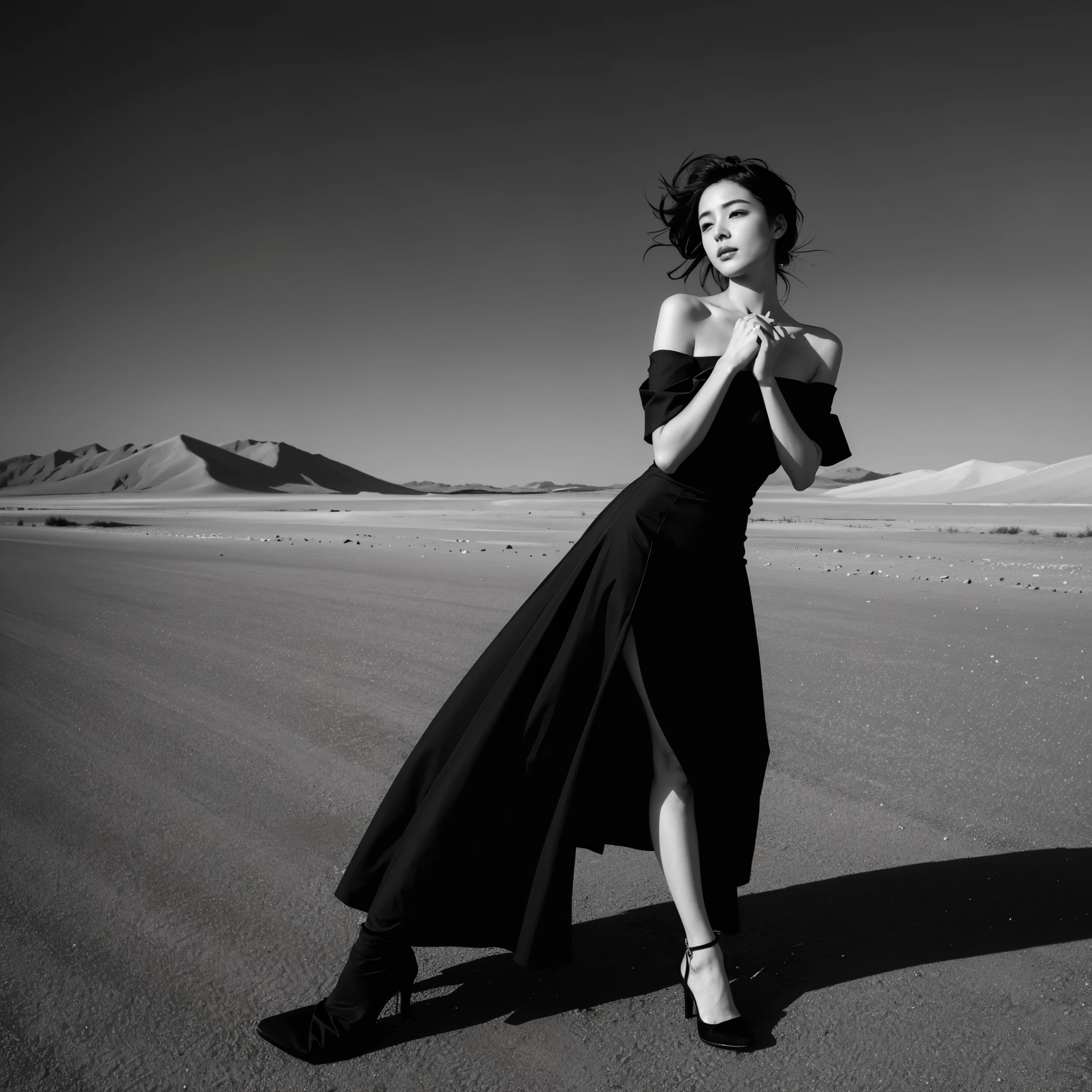 Arafed woman in black dress standing in desert with mountains in ...