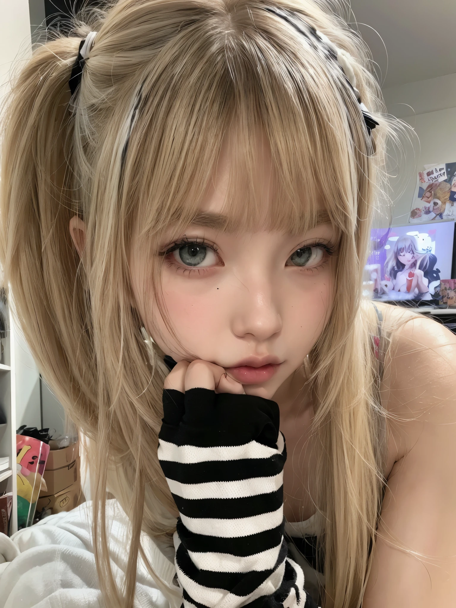 A close up of a young girl with a ponytail and a striped shirt - SeaArt AI