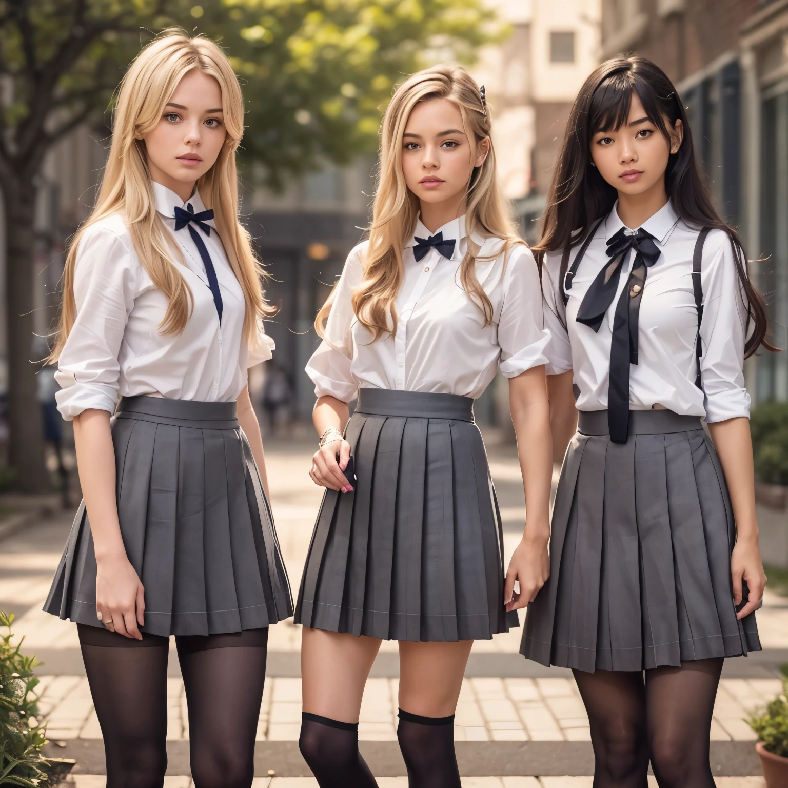 Three girls in school uniforms posing for a picture in a city - SeaArt AI