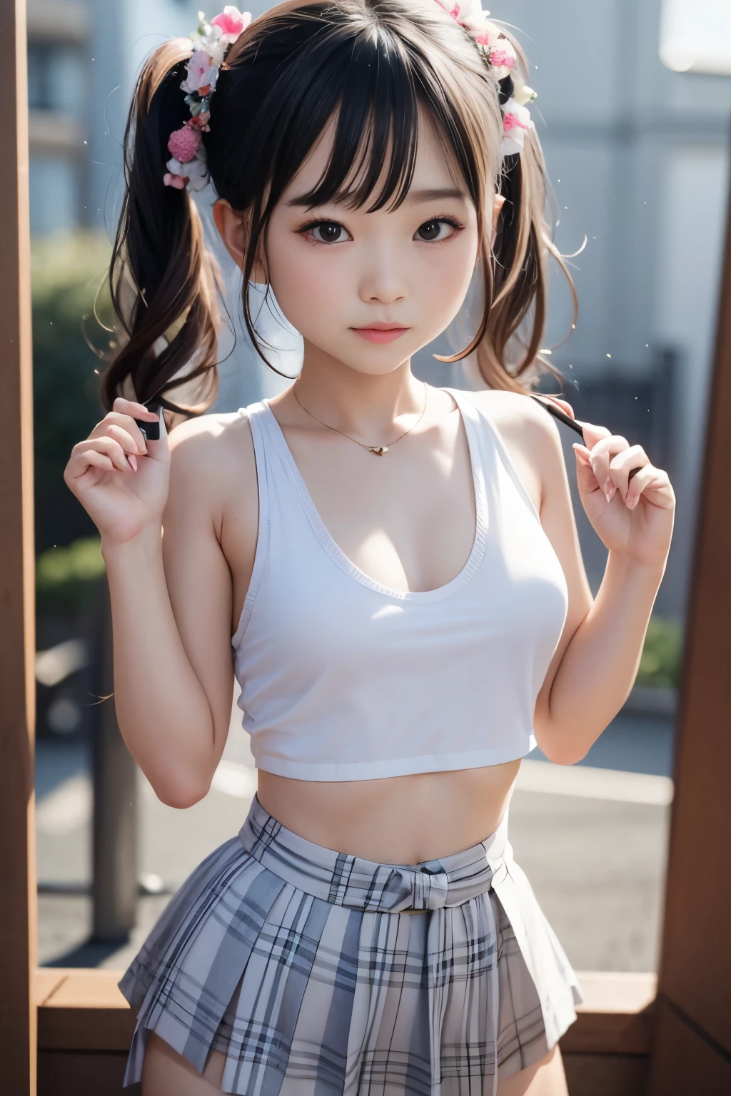 A woman in a white top and plaid skirt posing for a picture - SeaArt AI