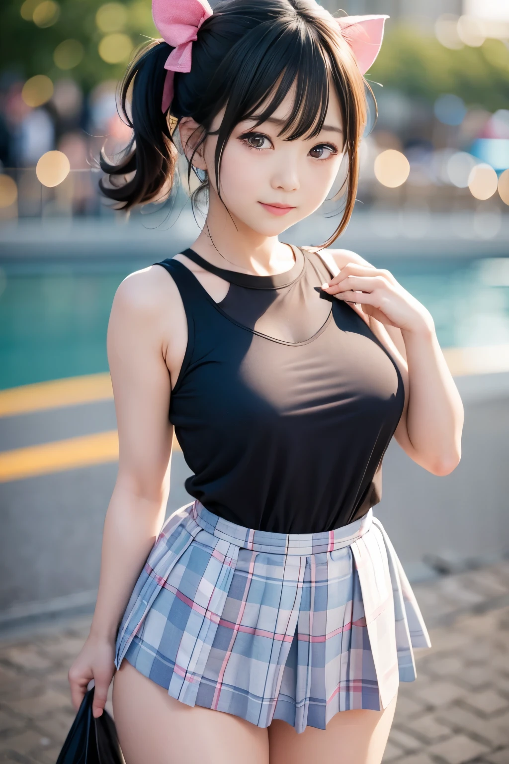 A woman in a black top and plaid skirt posing for a picture - SeaArt AI