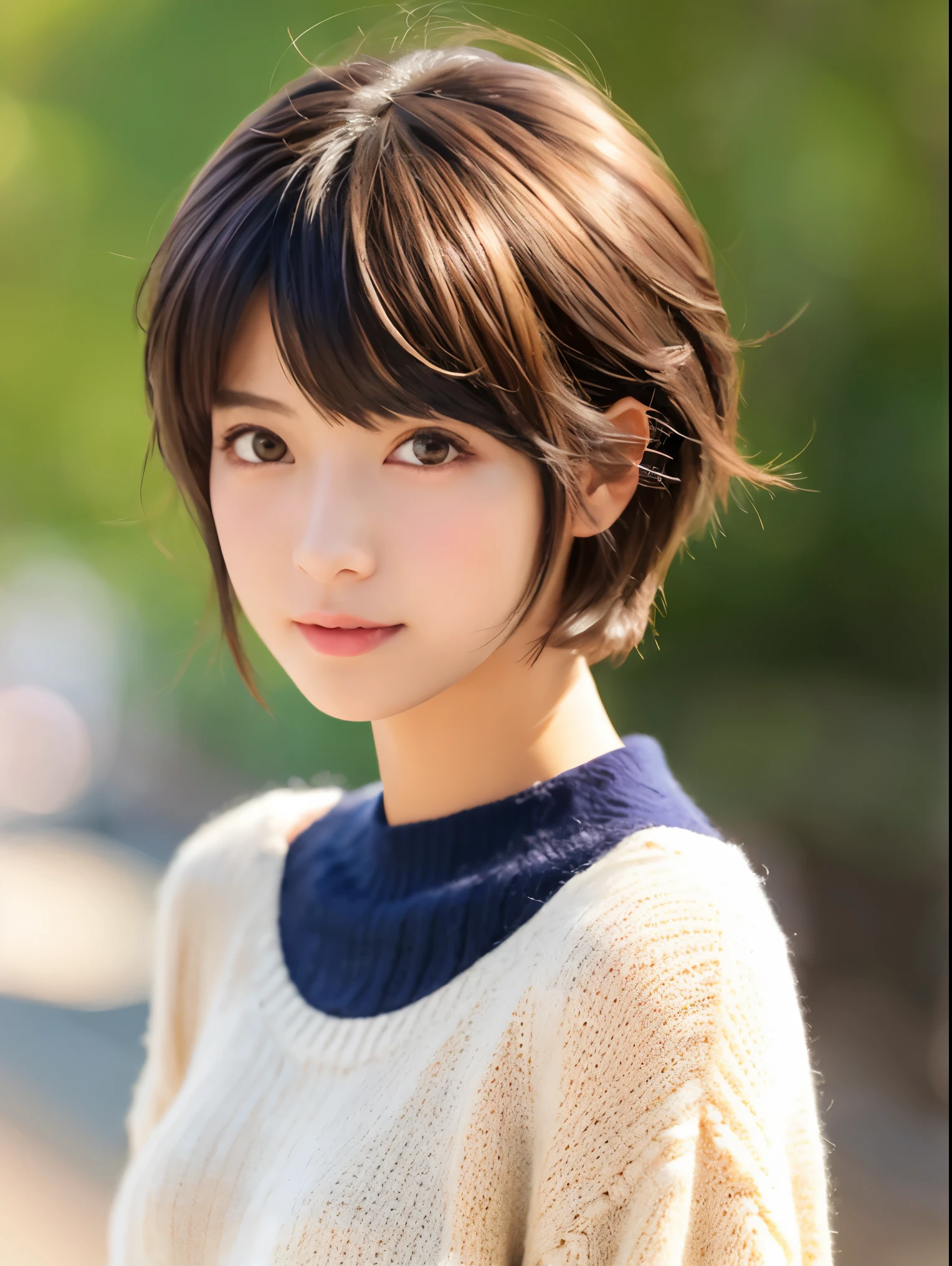 Semi-realistic anime style、Slim girl with cute short cuts、wear a ...