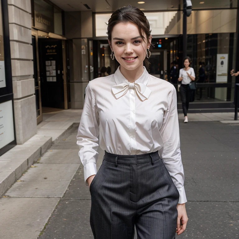Daisy Ridley dressed in dress shirt with bow and pants smiling wearing ...