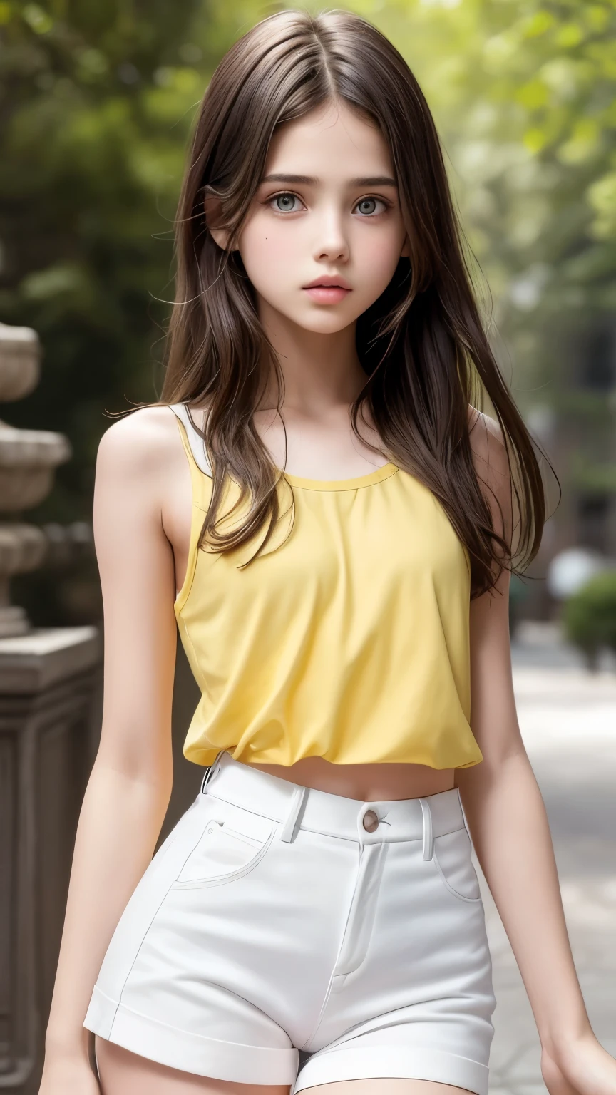 A woman in a yellow top and white shorts posing for a picture - SeaArt AI