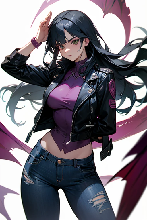 Morrigan aesland long hair leather jacket and jeans - SeaArt AI