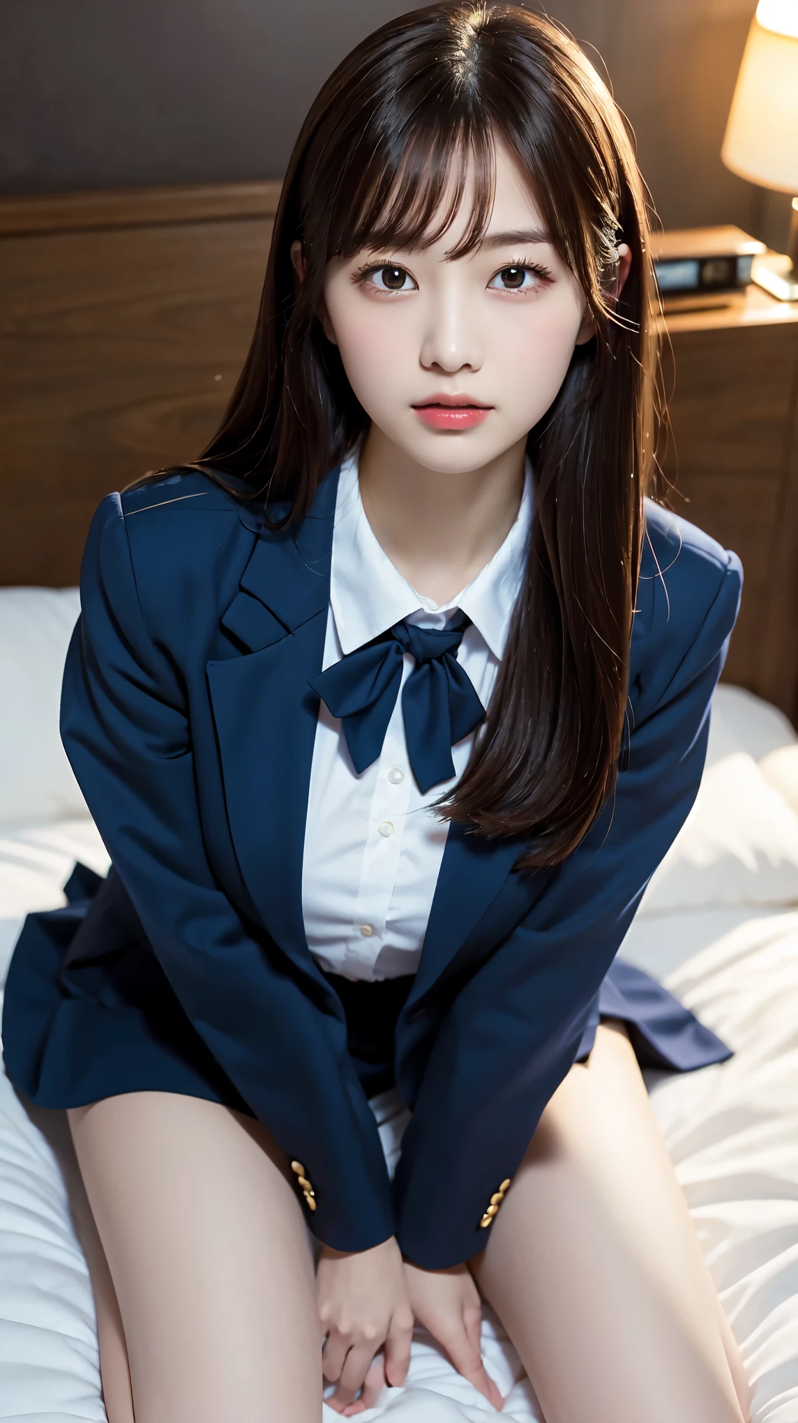 Arafed asian woman in a suit and tie sitting on a bed - SeaArt AI