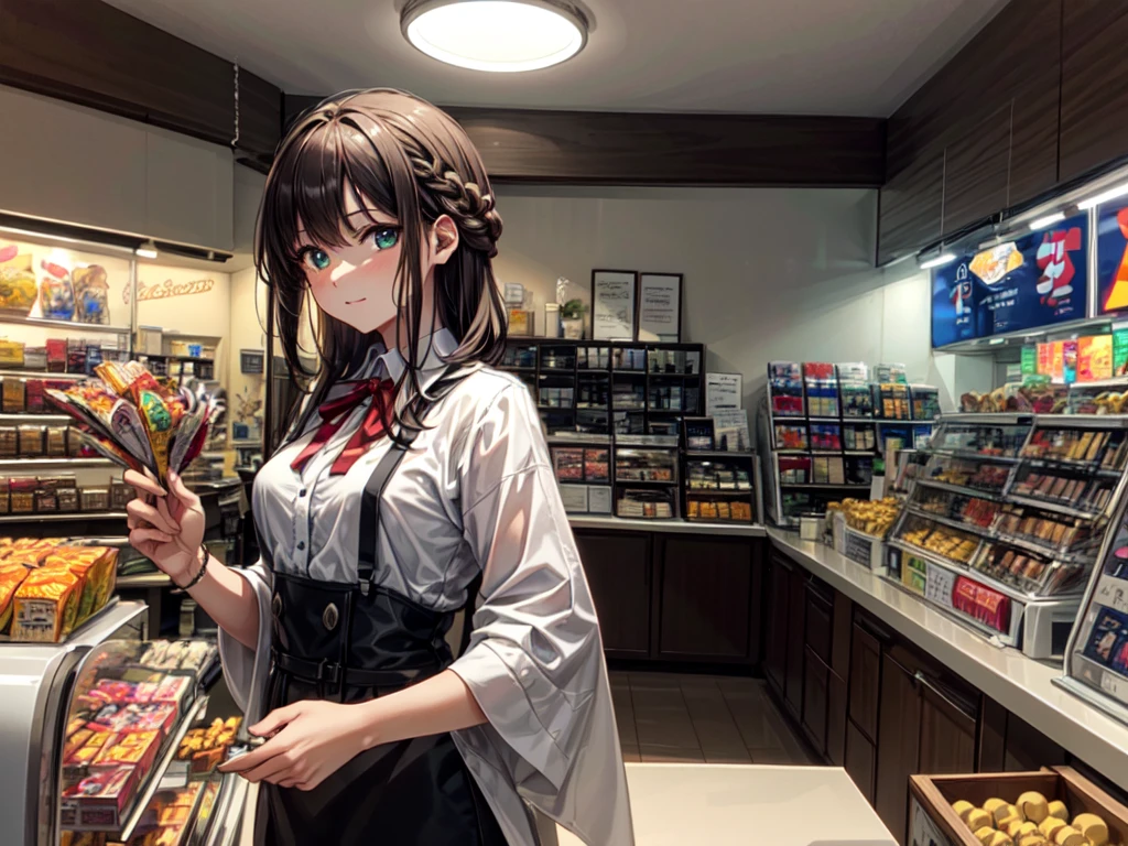 Konbini, cashier, monitor, on shelves there are candys, figurines ...