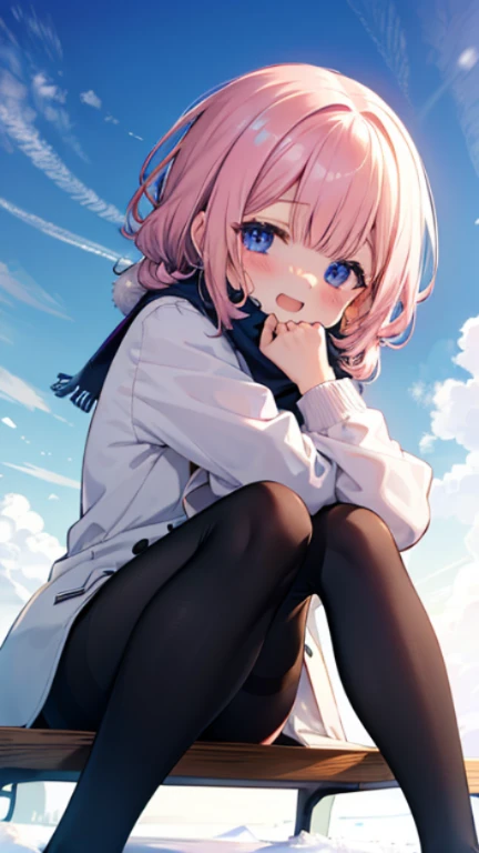 Shyness、blush、sit with legs stretched out、bench、hide face with scarf ...