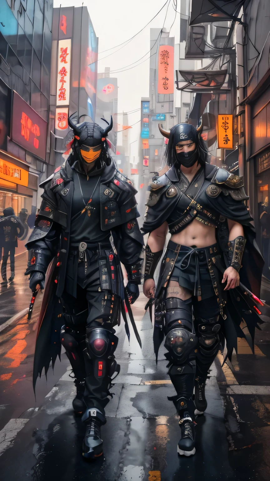 Two men in armor walking down a city street in the rain - SeaArt AI