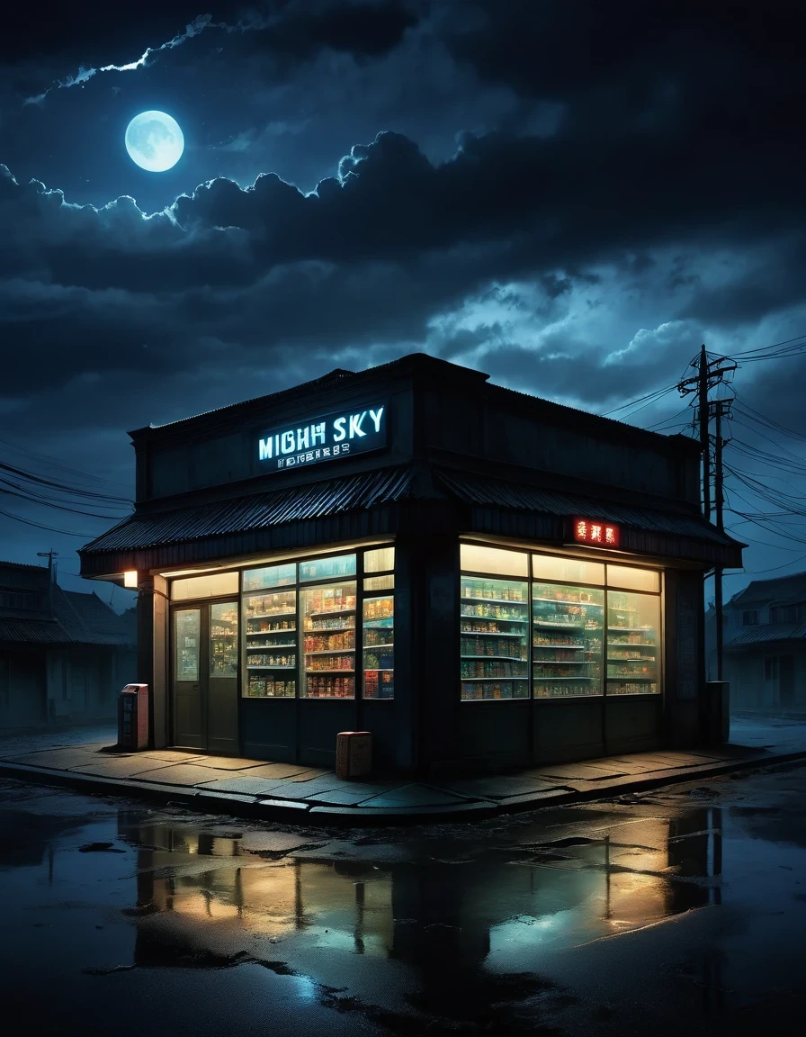Night sky with a store and a full moon - SeaArt AI