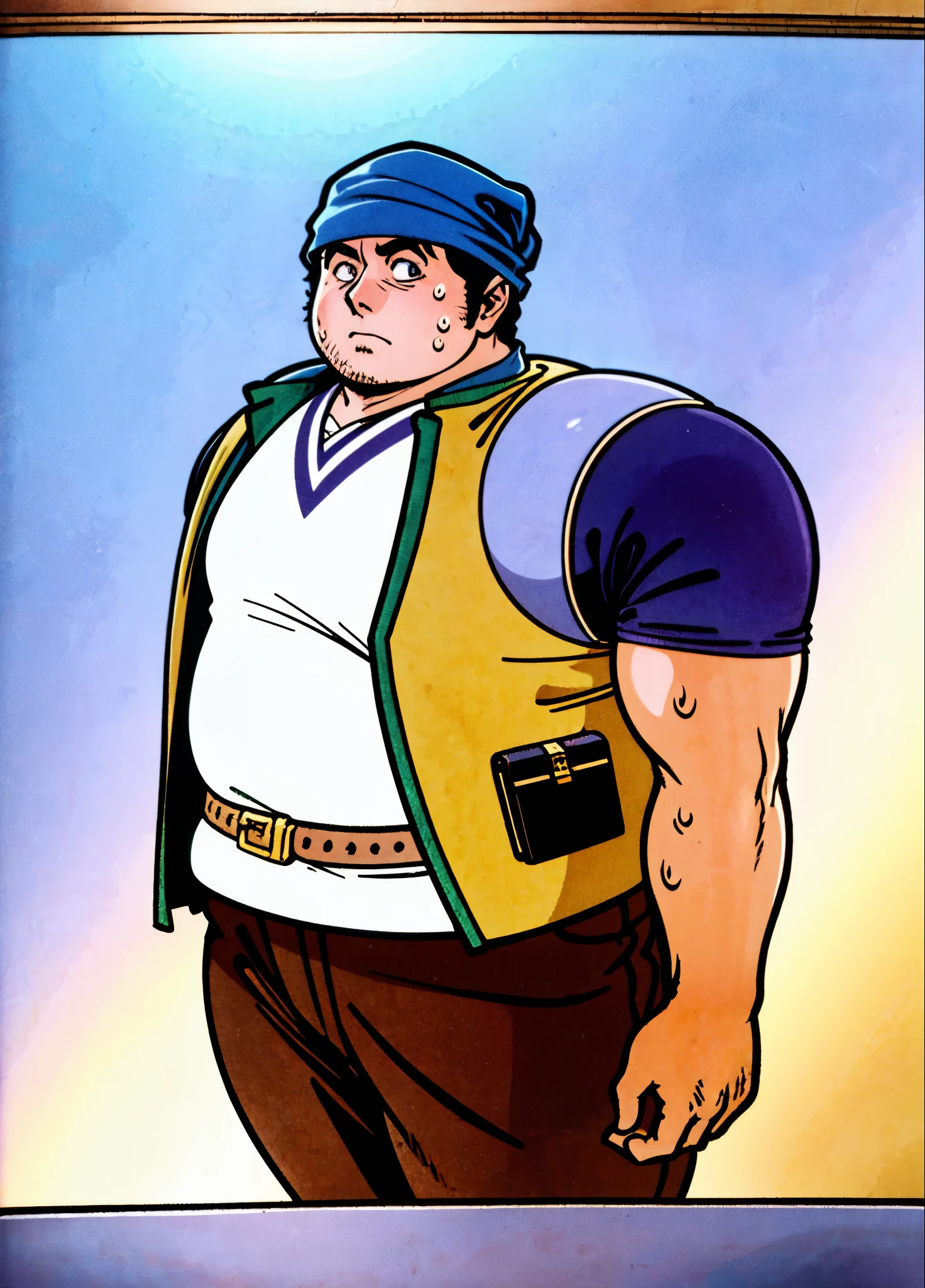 A cartoon of a man with a blue hat and vest - SeaArt AI