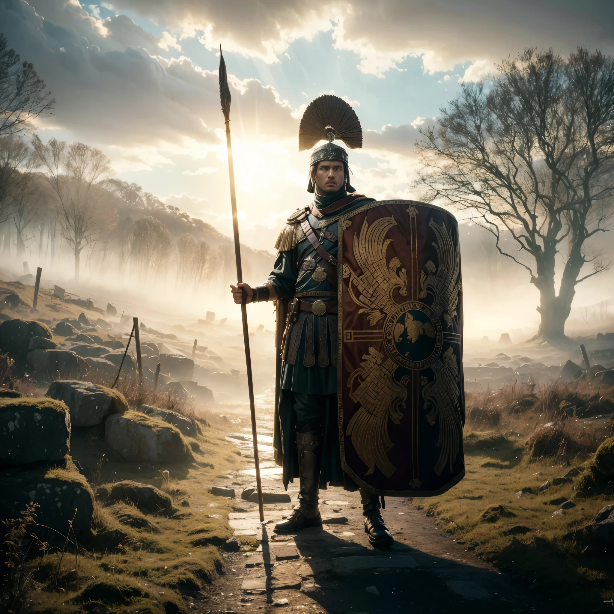 Arafed soldier with a shield and shield standing on a path - SeaArt AI