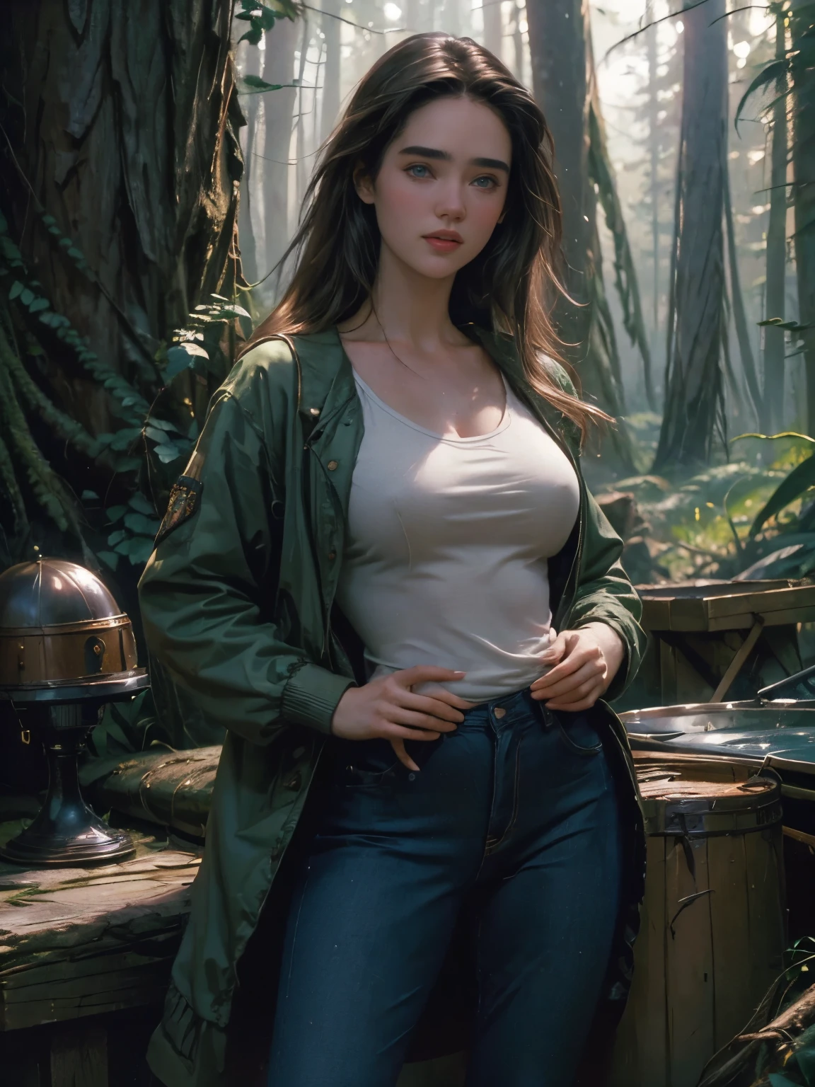 A woman standing in a forest with a forest background - SeaArt AI