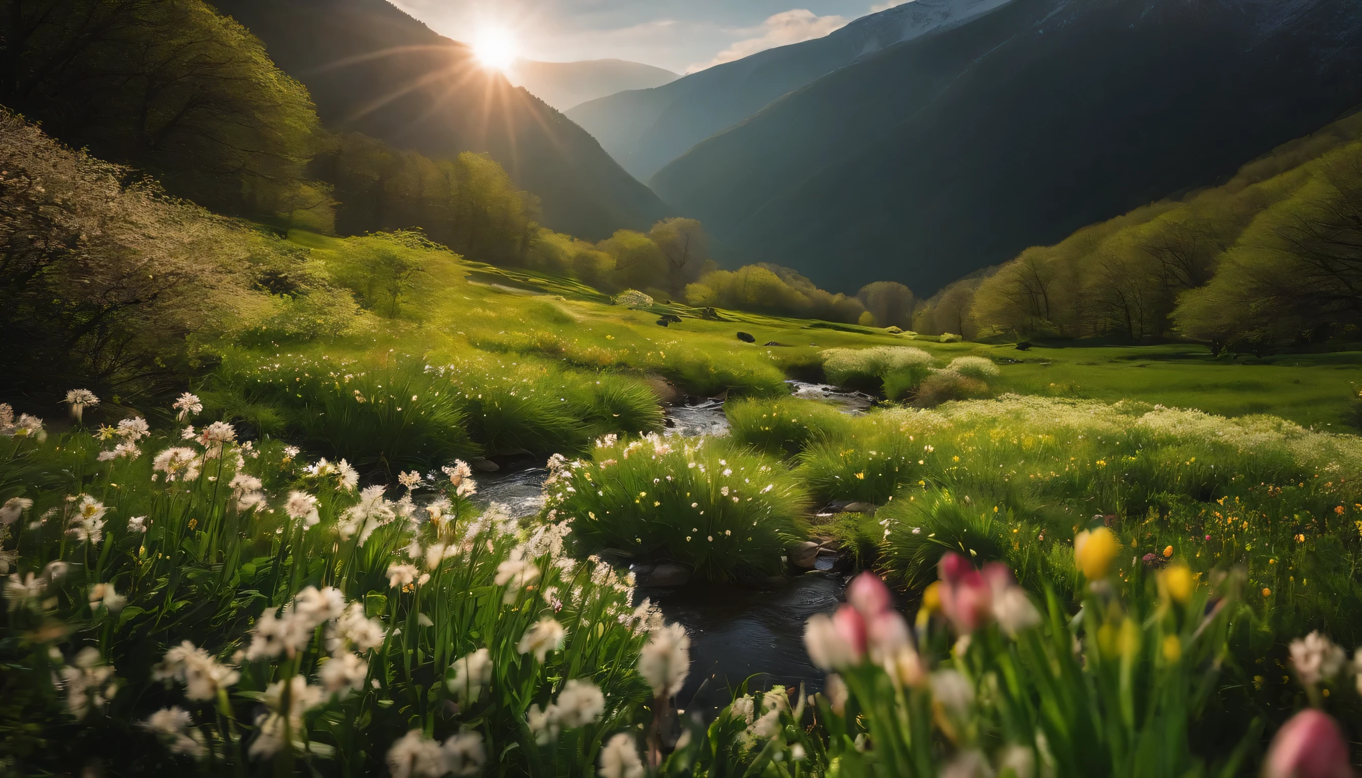 Arafed view of a valley with a stream and flowers - SeaArt AI