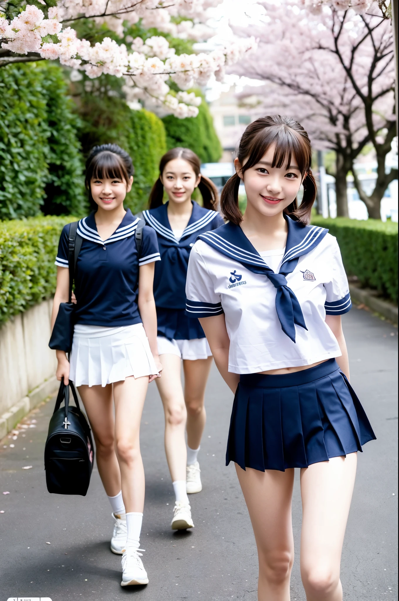 Three young women in school uniforms walking down a street - SeaArt AI