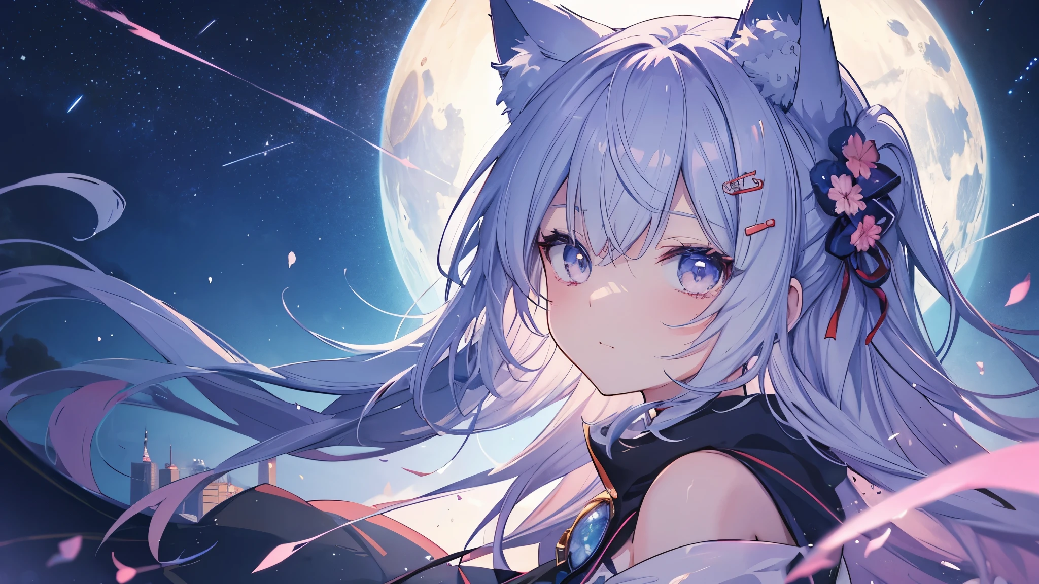Anime girl with long hair and cat ears in front of a full moon - SeaArt AI