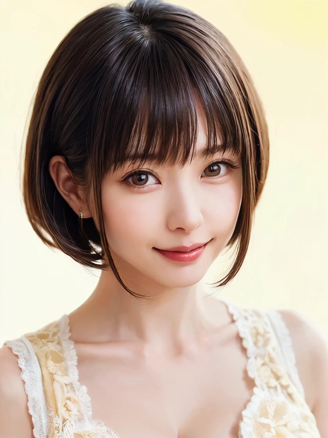 A close up of a woman with a short haircut and a white dress - SeaArt AI