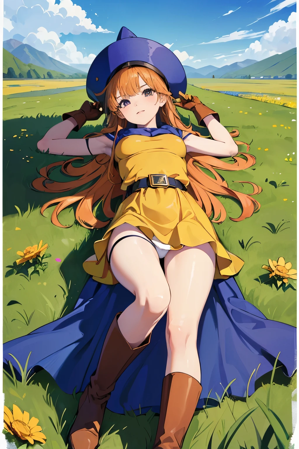 A woman laying on the ground in a field with flowers - SeaArt AI