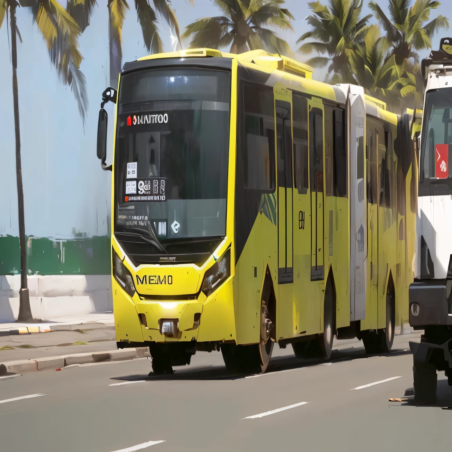 Yellow bus on the road with a white truck behind it - SeaArt AI