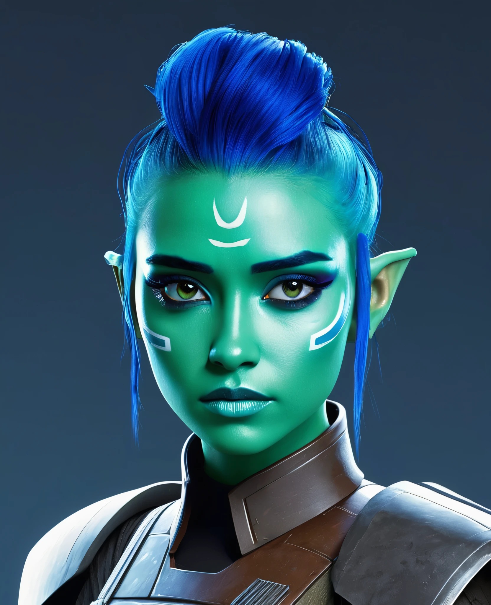 A close up of a person with blue hair and a green face - SeaArt AI