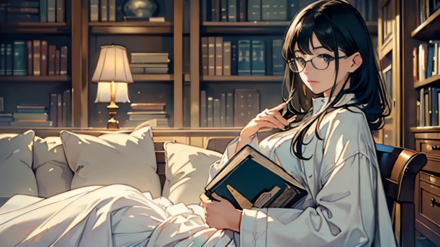 Anime girl in a white robe sitting on a bed with a book - SeaArt AI