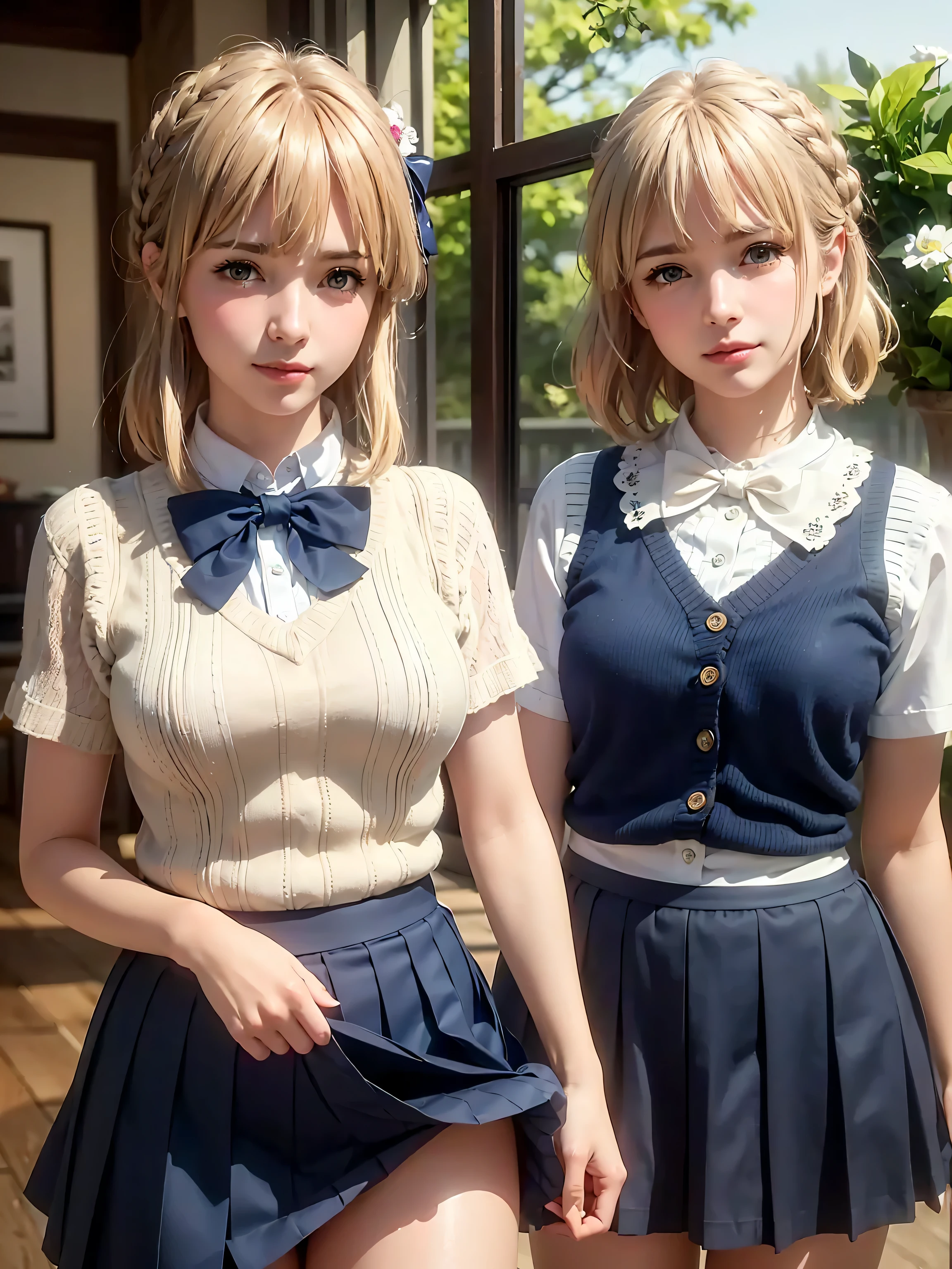 Two women in school uniforms are posing for a picture - SeaArt AI