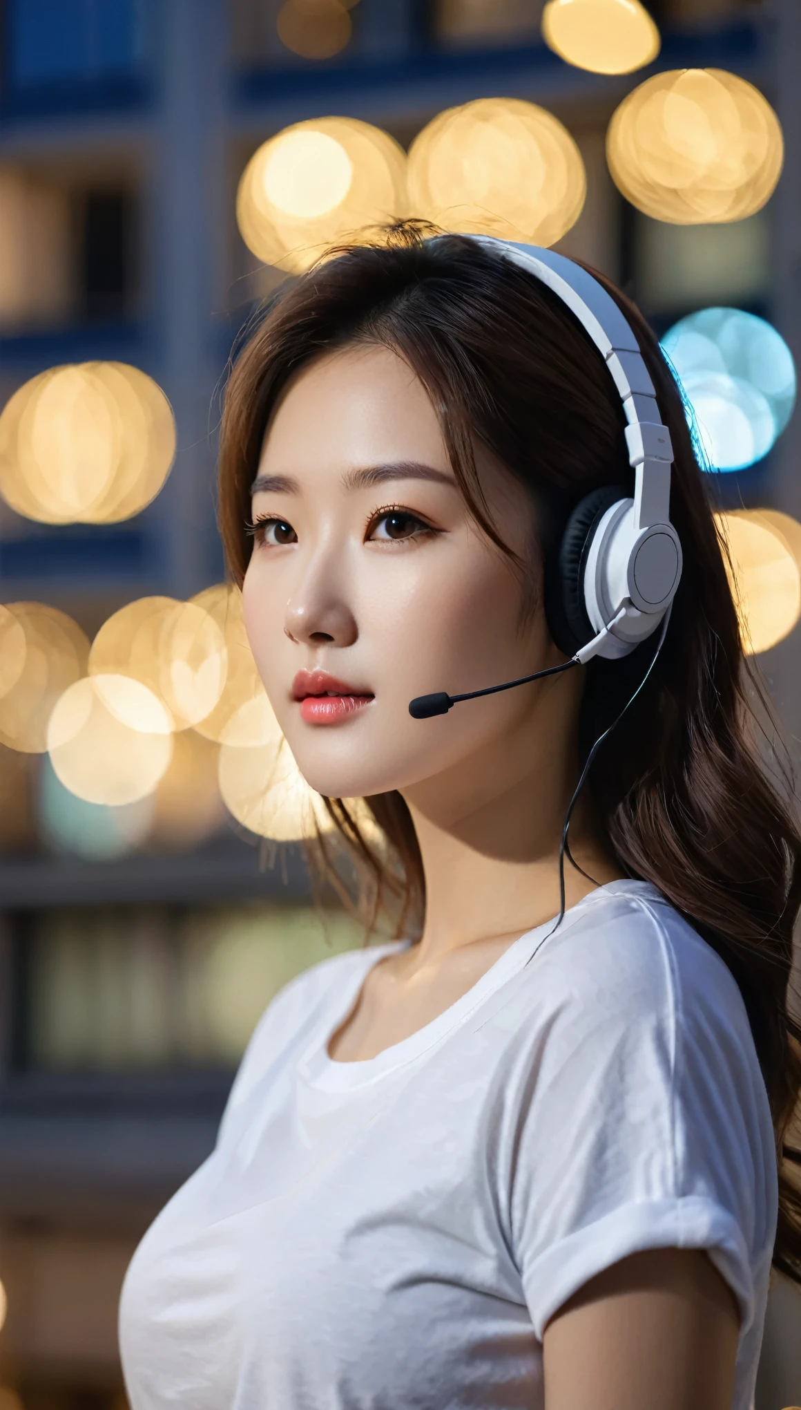 Woman wearing a headset with a microphone and a microphone attached to ...