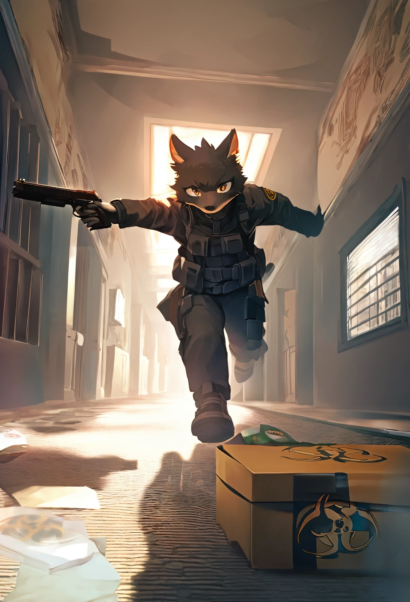 A close up of a cat with a gun in a hallway - SeaArt AI