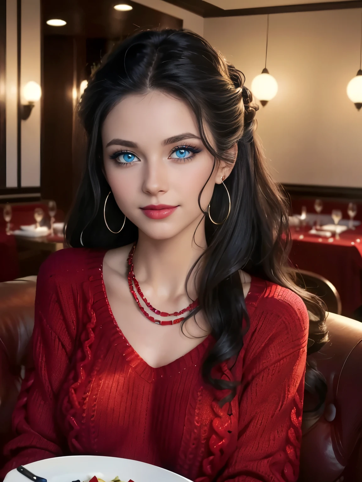 Araffe woman in red dress sitting in a restaurant with a plate of food ...