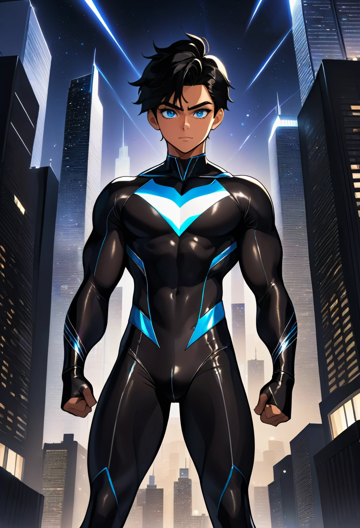 A cartoon image of a man in a black and blue suit - SeaArt AI