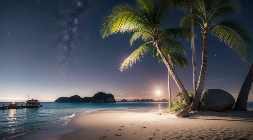 Create an image of a deserted island night beach landscape。People and ...