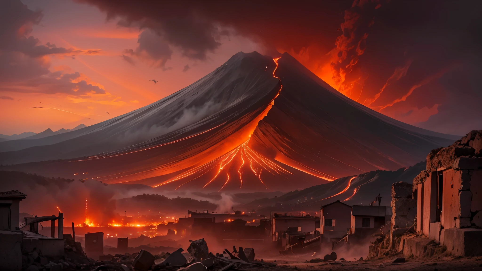 A volcano erupts into the sky as it rises over a city - SeaArt AI