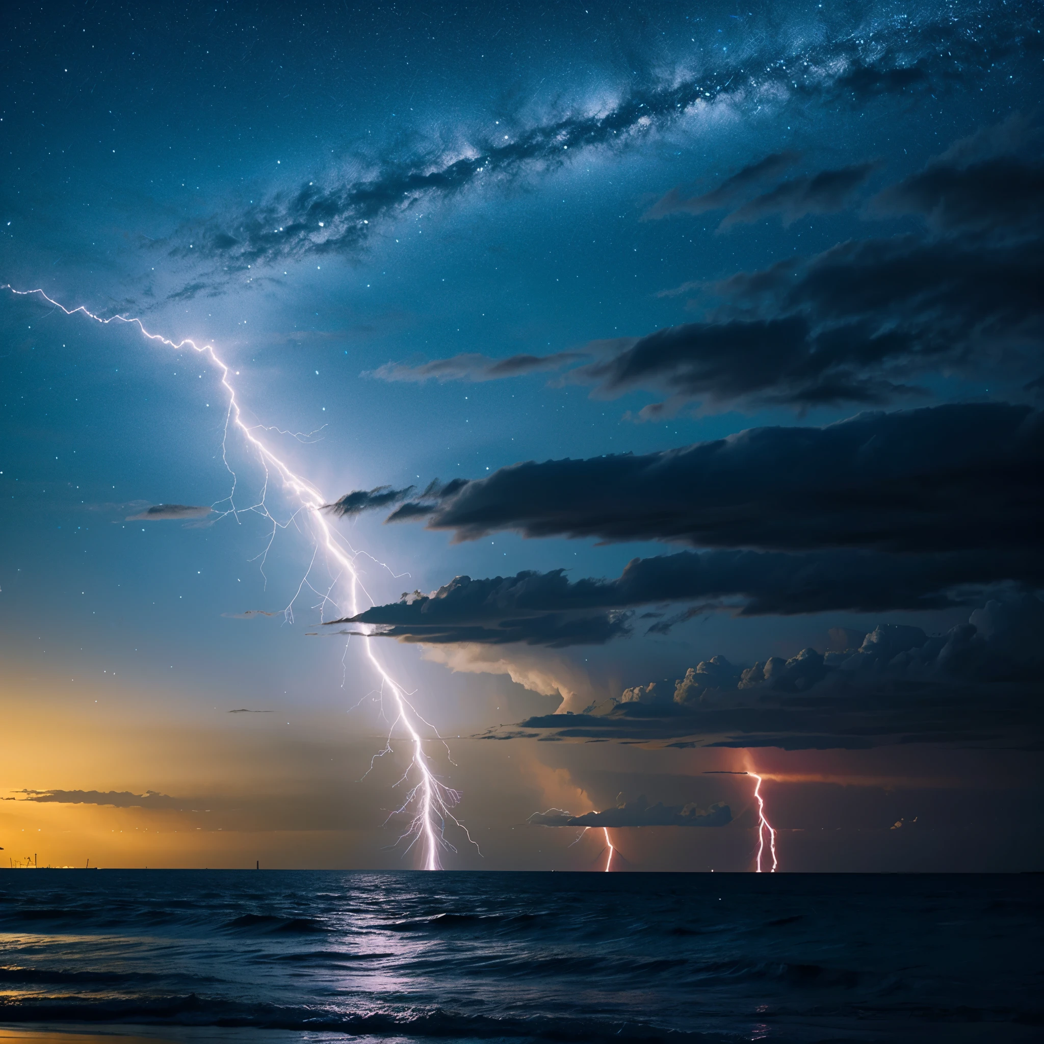 A close up of a lightning bolt hitting the ocean at night - SeaArt AI
